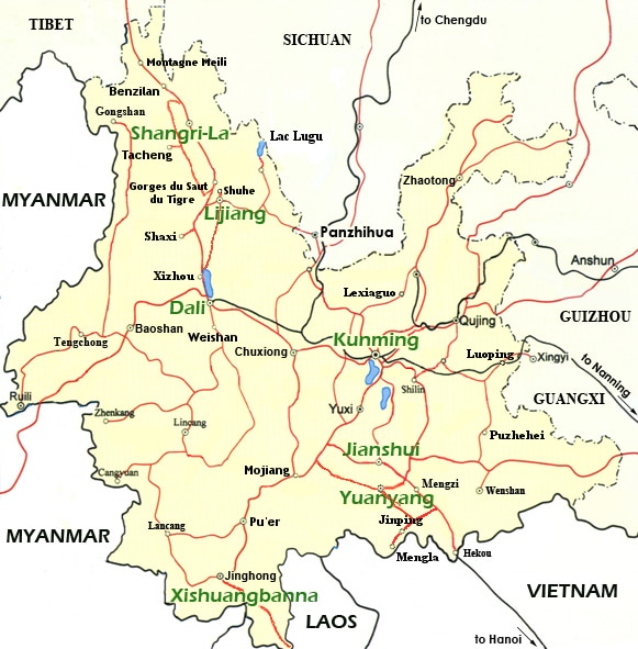 Detailed map of Yunnan in China - Yunnan roads and cities